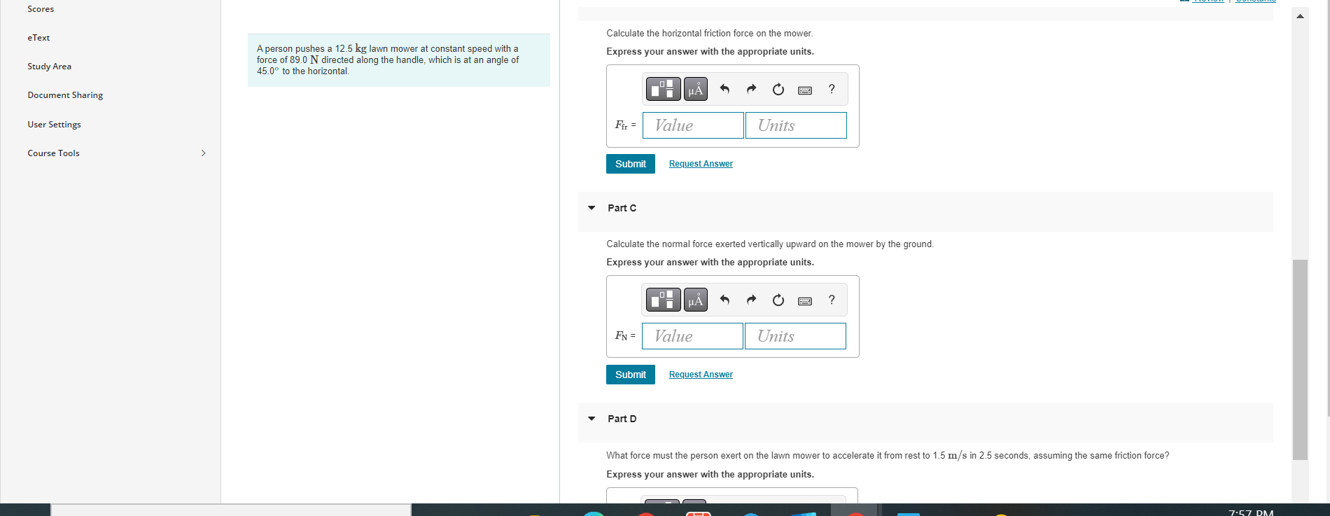 Solved Calculate the horizontal friction force on the mower. | Chegg.com