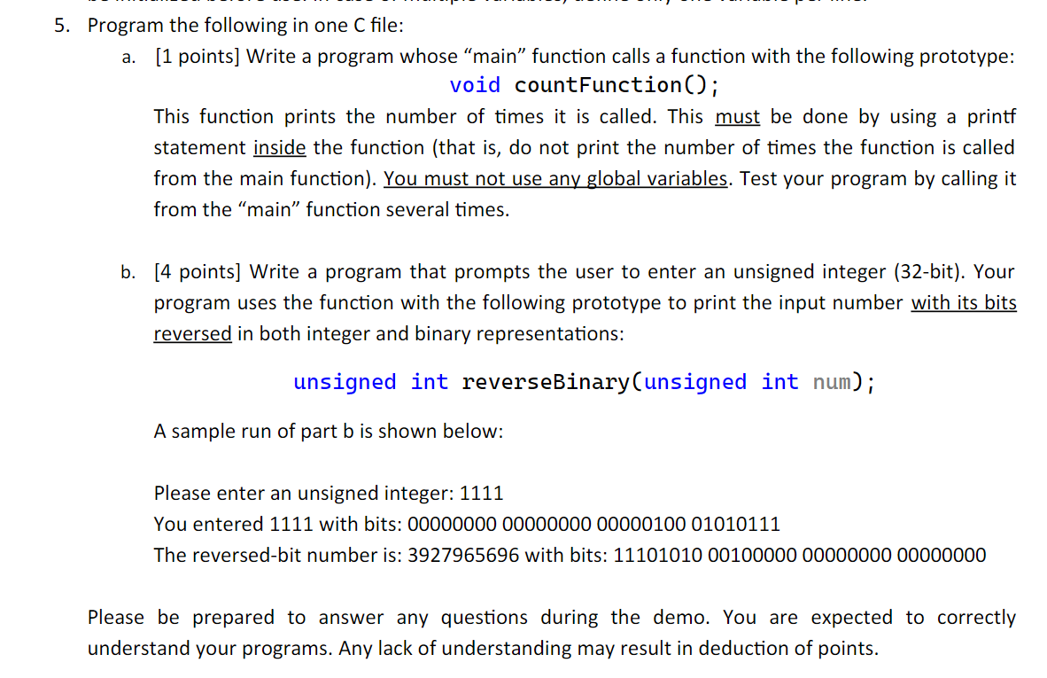 Solved Program the following in one C file: a. [1 points] | Chegg.com