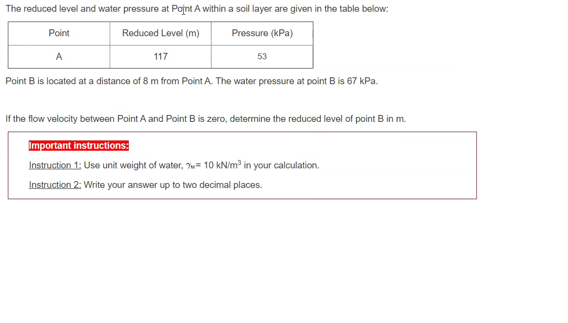 Solved The reduced level and water pressure at Point A | Chegg.com