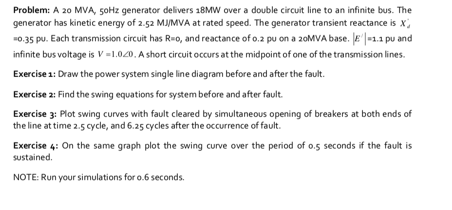 Problem: A 20 MVA, 50 Hz generator delivers 18MW over | Chegg.com