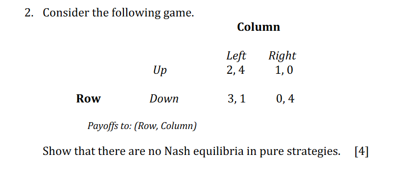 Solved 2. Consider the following game. Column Left 2,4 Right | Chegg.com