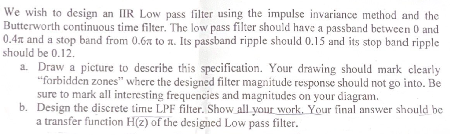 Solved We wish to design an IIR Low pass filter using the | Chegg.com
