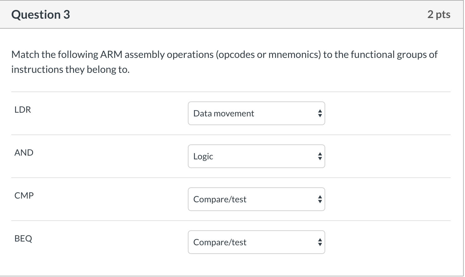 Solved Question 3 2 pts Match the following ARM assembly | Chegg.com