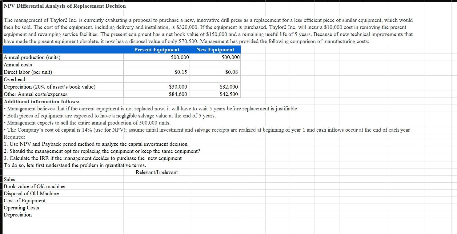 Solved NPV Differential Analysis of Replacement Decision The | Chegg.com