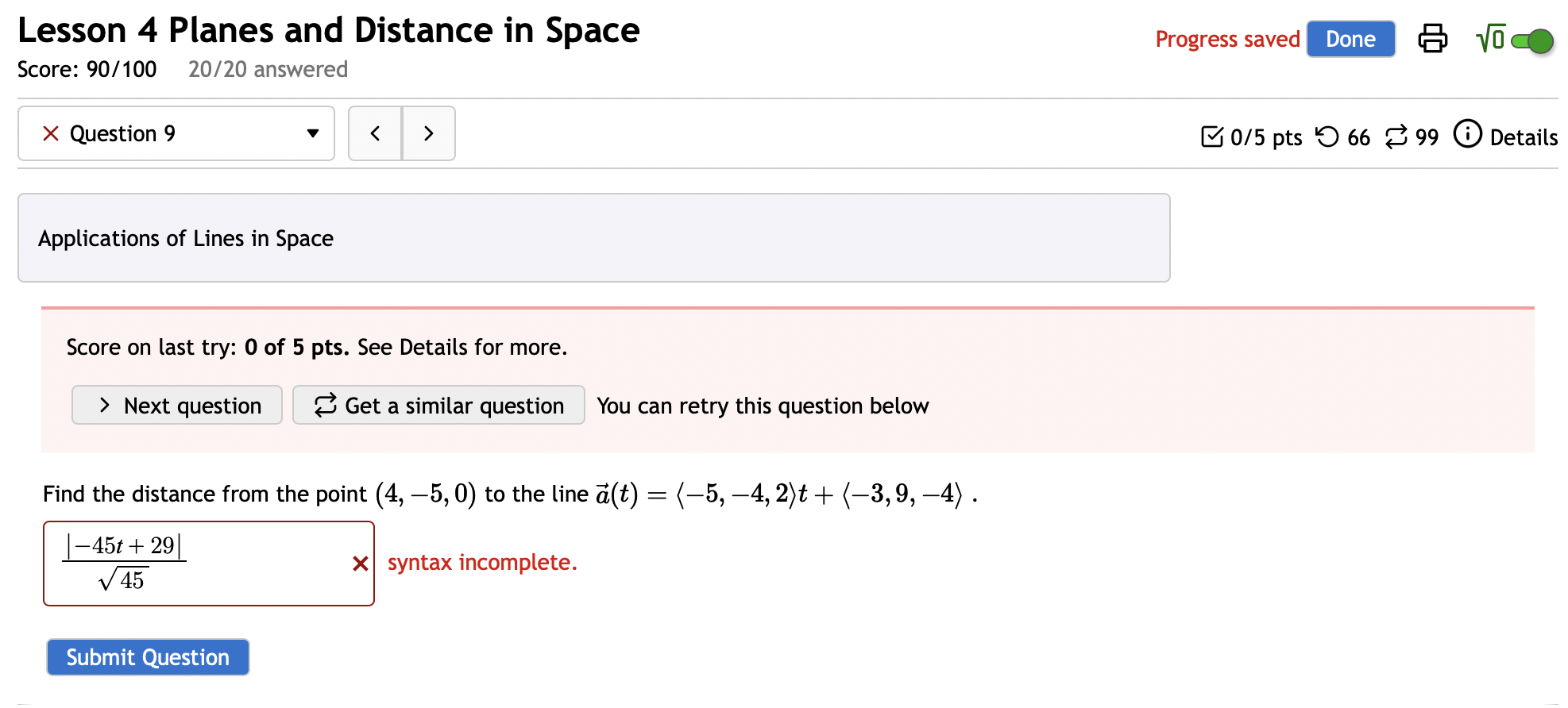 Solved Lesson 4 Planes and Distance in Space Score: 90/100 | Chegg.com