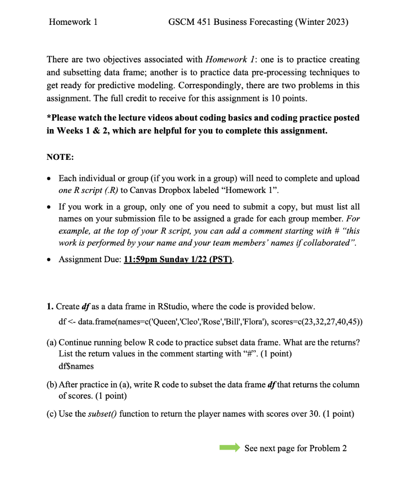 Solved Homework 1 GSCM 451 Business Forecasting (Winter | Chegg.com