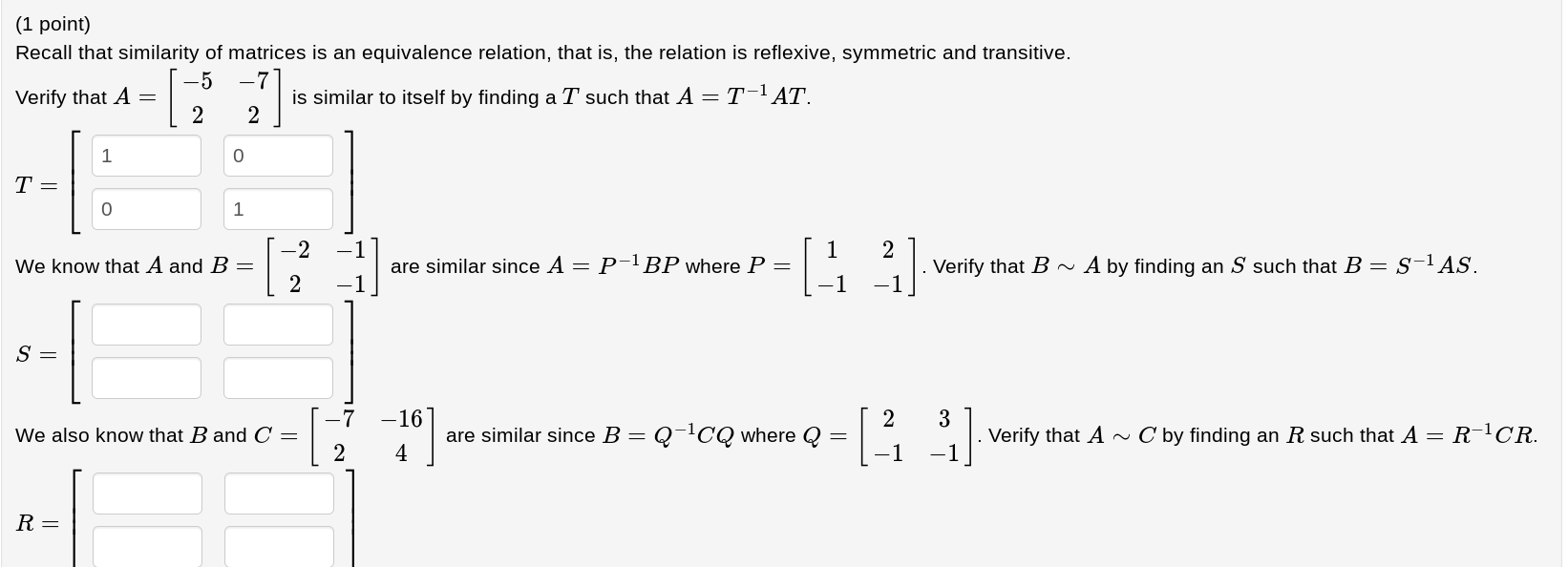 Solved (1 point) Recall that similarity of matrices is an | Chegg.com