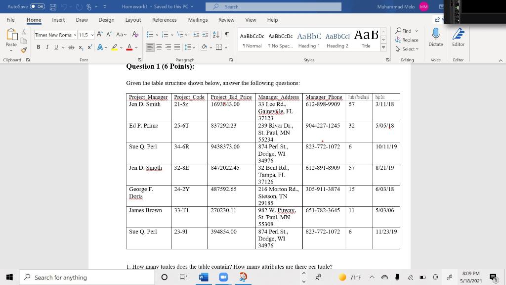Solved 1 How Many Tuples Does The Table Contain How Many 