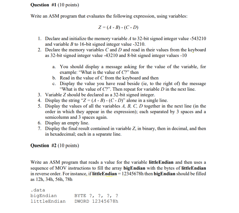 Question #1 (10 points) Write an ASM program that | Chegg.com