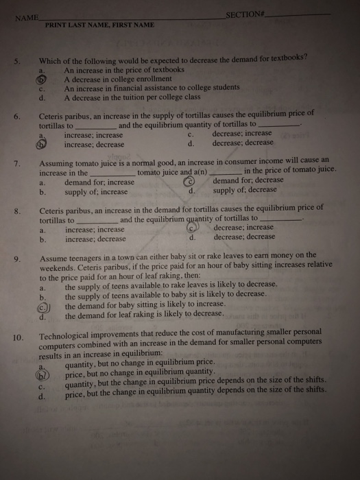 Solved NAME SECTION# PRINT LAST NAME, FIRST NAME DEMAND AND | Chegg.com