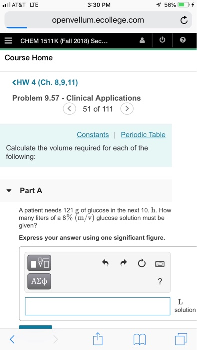 Solved AT&T LTE 3:30 PM 156%国, openvellum.ecollege.com CHEM | Chegg.com