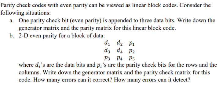 Parity check codes with even parity can be viewed as | Chegg.com