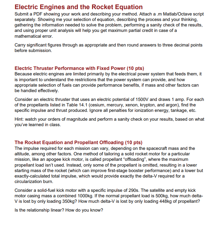 Electric Engines and the Rocket Equation Submit a PDF | Chegg.com