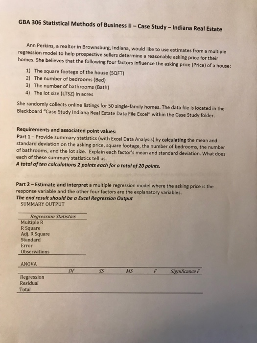 Solved GBA 306 Statistical Methods of Business II -Case | Chegg.com