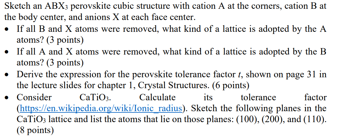 Solved Sketch an ABX3 perovskite cubic structure with cation | Chegg.com