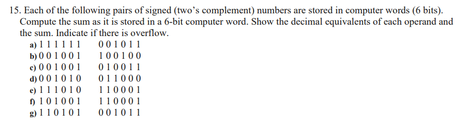 Solved 15. Each of the following pairs of signed (two's | Chegg.com