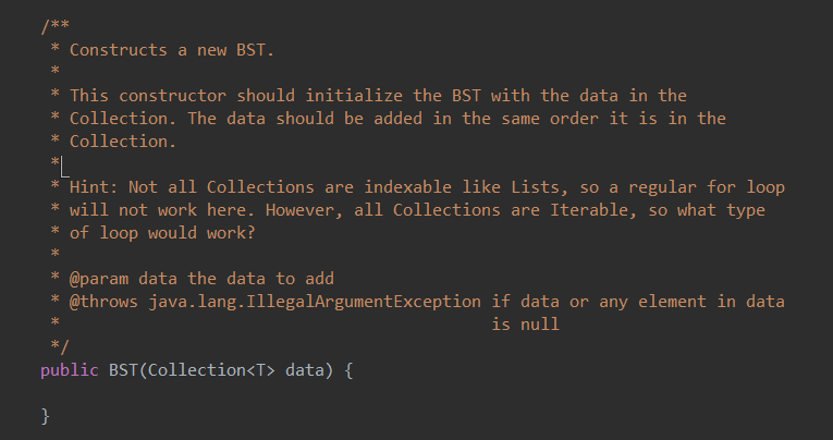 Solved '** * Constructs a new BST. * * This constructor | Chegg.com