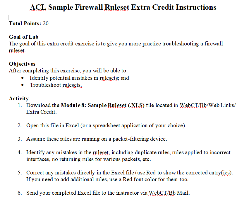 Solved ACL Sample Firewall Ruleset Extra Credit Instructions | Chegg.com