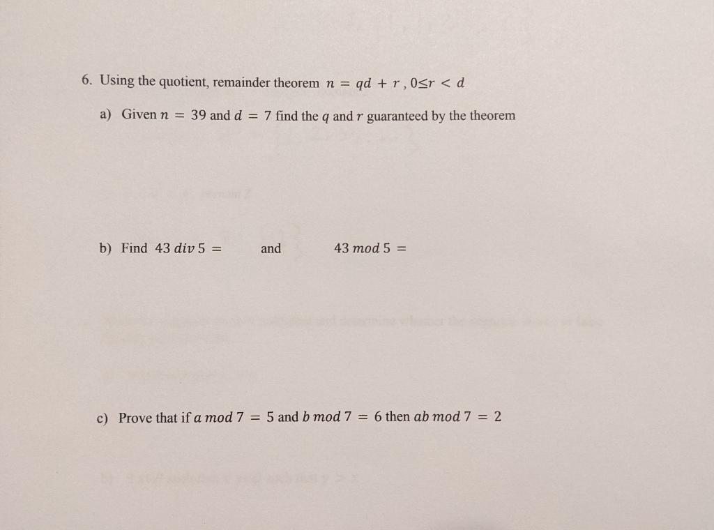 Solved 6. Using the quotient, remainder theorem n = qd + ro | Chegg.com