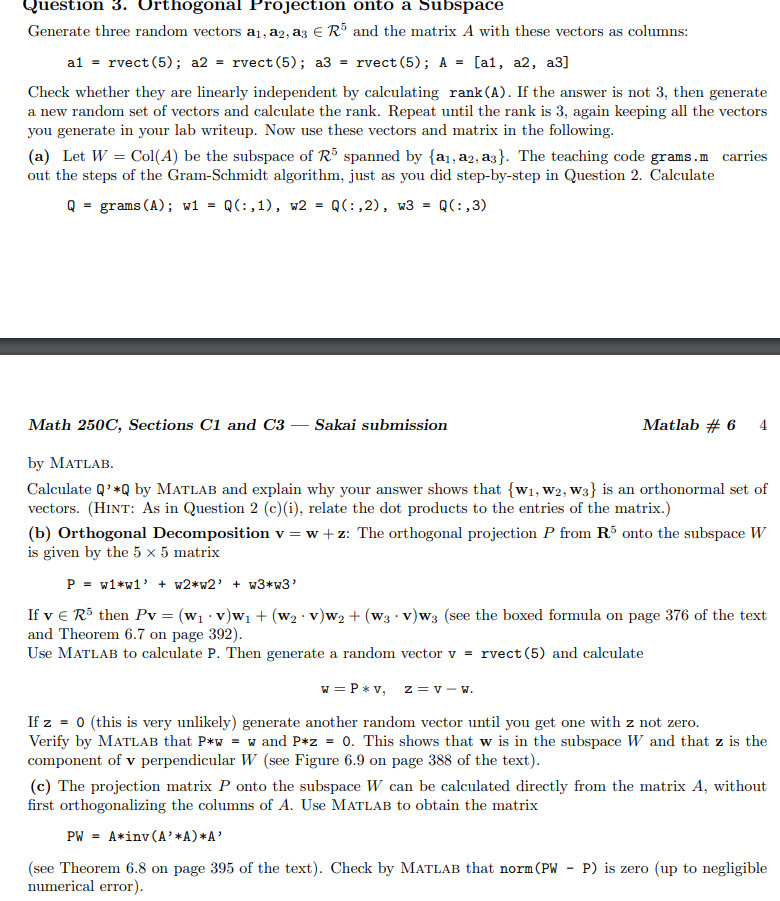 Question 3. Orthogonal Projection onto a Subspace | Chegg.com