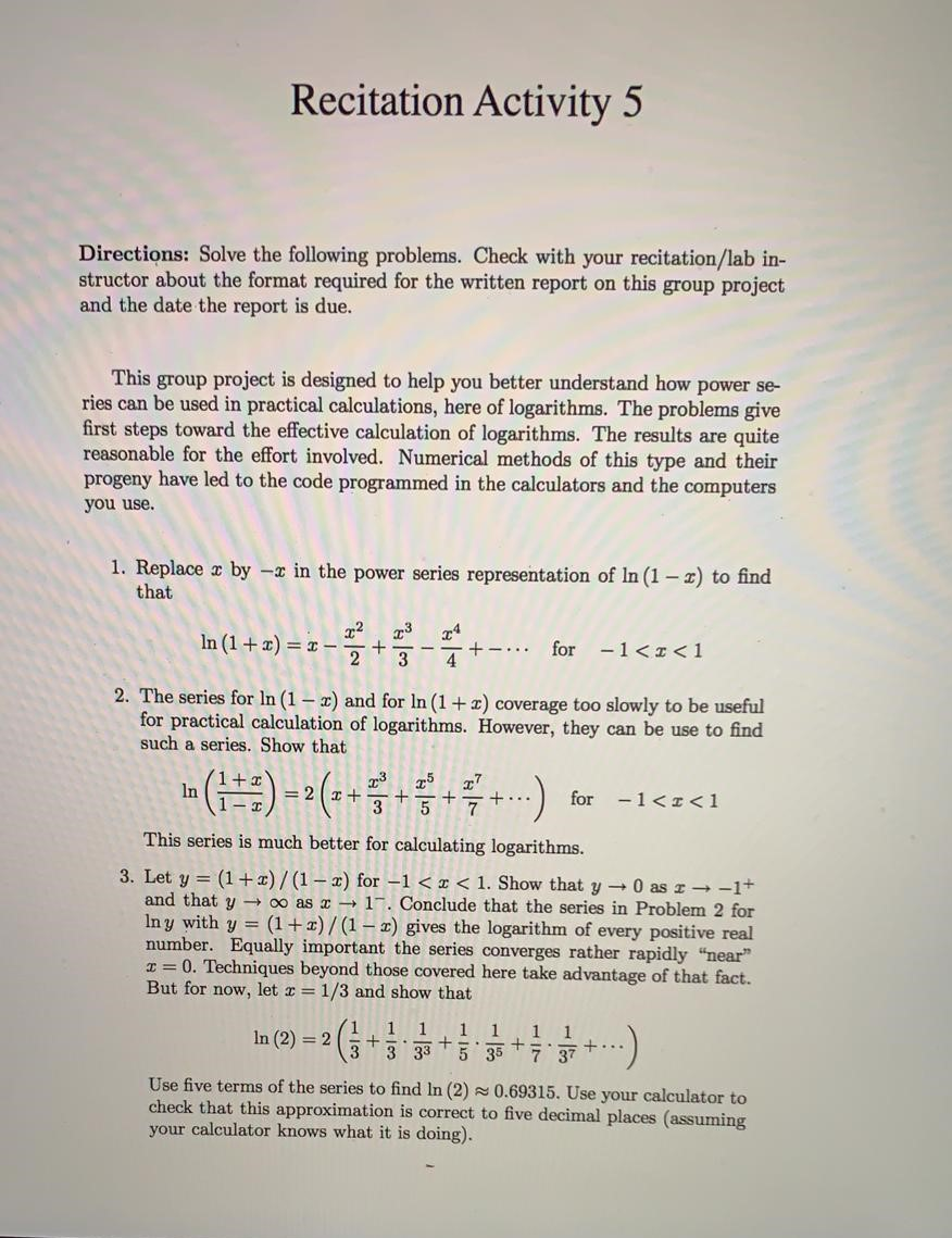 Solved Recitation Activity 5 Directions: Solve the following | Chegg.com