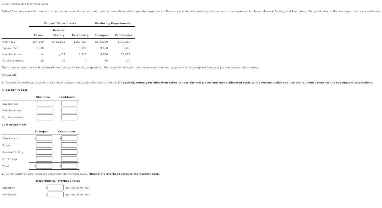 Solved Direct Method and Overhead Rates Belami Company | Chegg.com