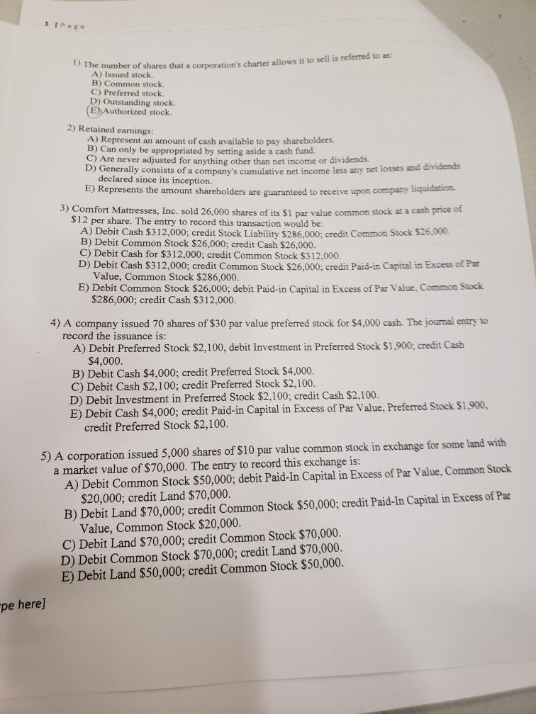 Solved 1) Th e number of shares that a corporation's charter | Chegg.com