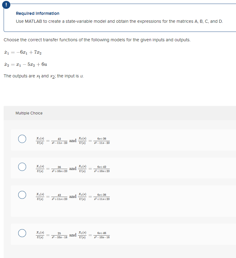 Solved ! Required Information Use MATLAB to create a | Chegg.com