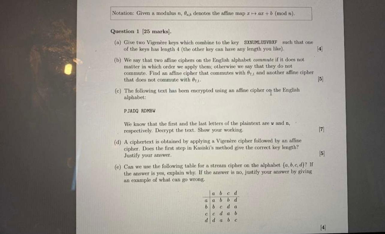 Solved Notation Given A Modulus N O Denotes The Affine 