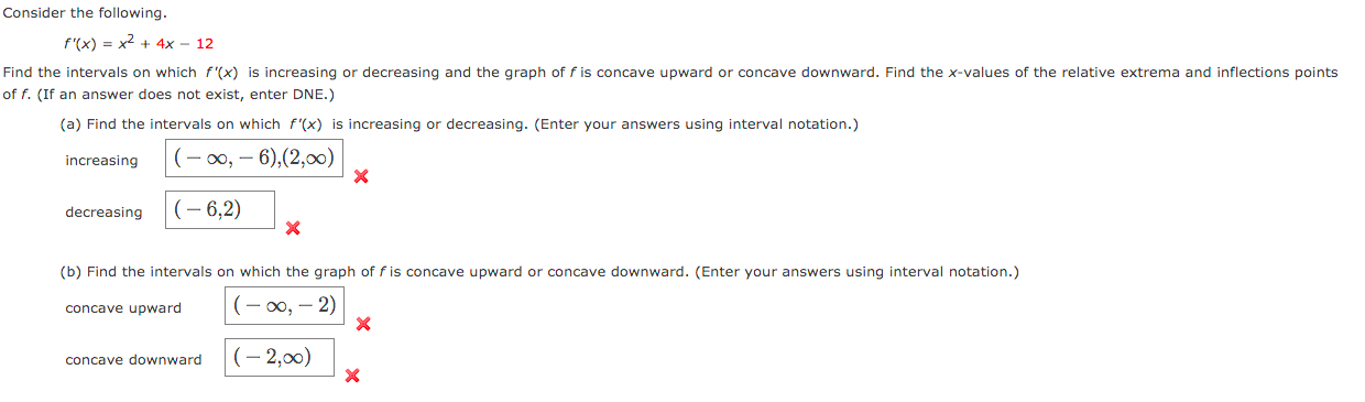 Solved Consider the following. f'(x) = x2 + 4x - 12 Find the | Chegg.com