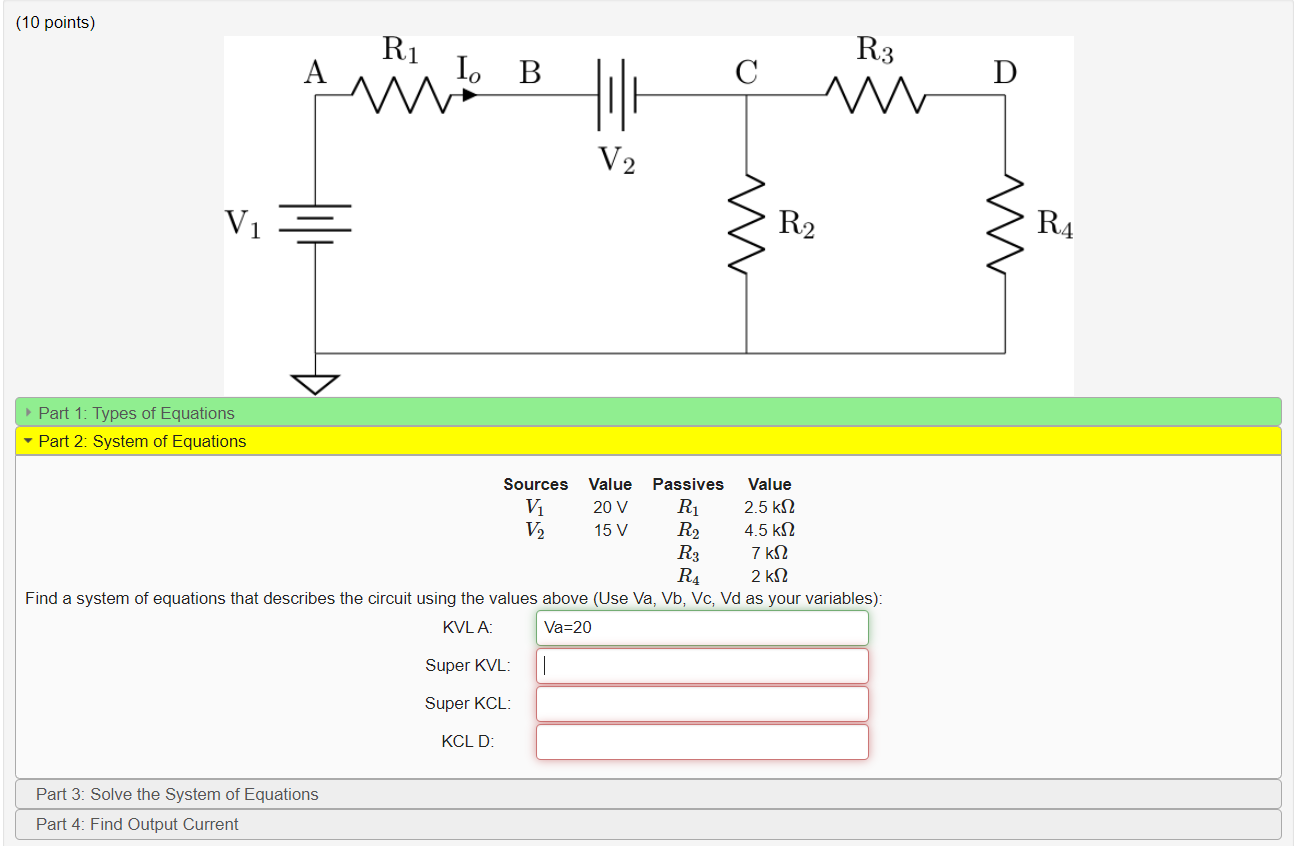 Solved (10 points) Ri R3 A 1. B С D V2 M Vi R2 M. R4 Part 1: | Chegg.com