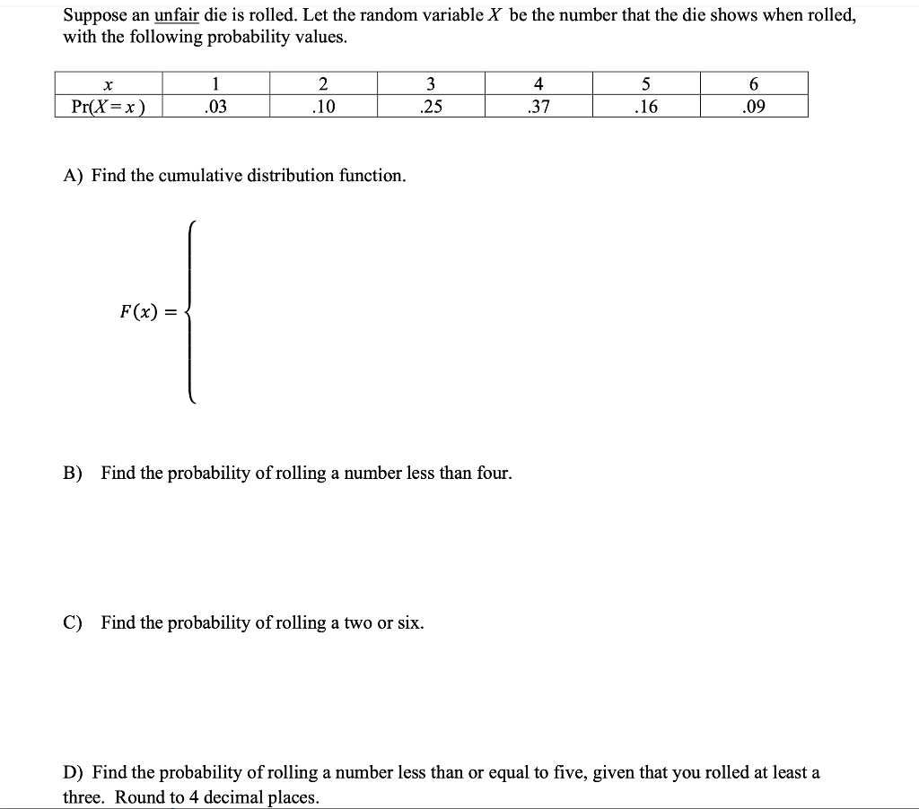Solved Suppose an unfair die is rolled. Let the random | Chegg.com