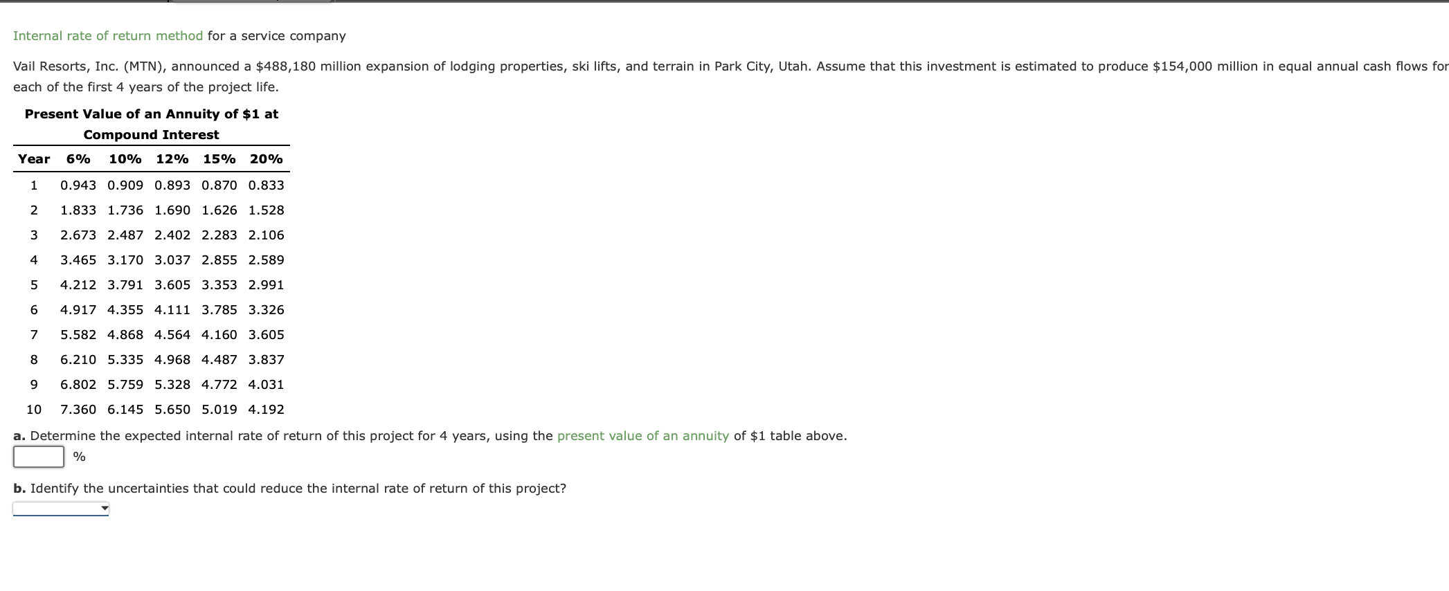 Solved Internal rate of return method for a service company | Chegg.com