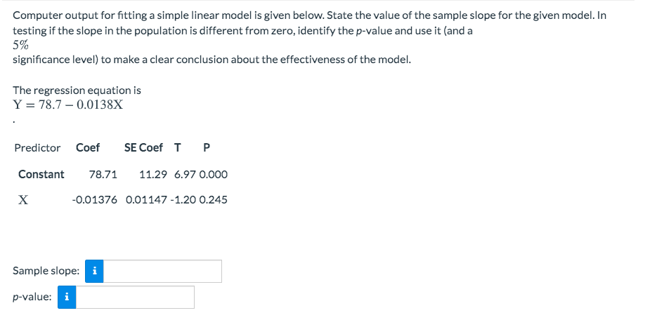 Solved Computer output for fitting a simple linear model is | Chegg.com