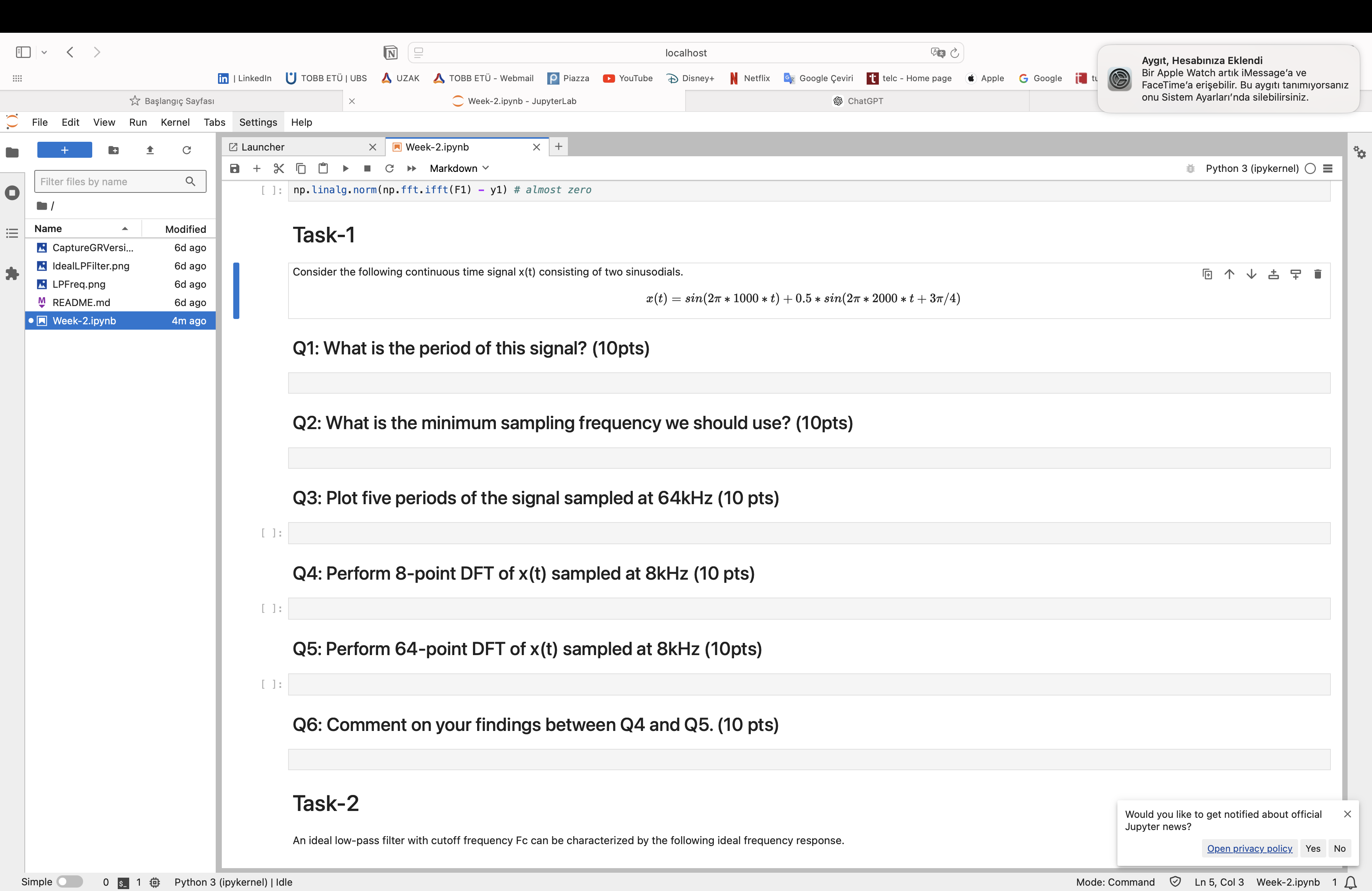 Solved Task-1x(t)=sin(2π*1000*t)+0.5*sin(2π*2000*t+3π4)Q1: | Chegg.com