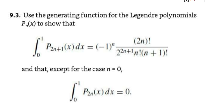Solved 9.3. Use the generating function for the Legendre | Chegg.com