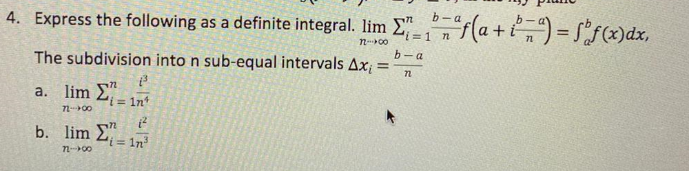 Solved 4. Express the following as a definite integral. lim | Chegg.com