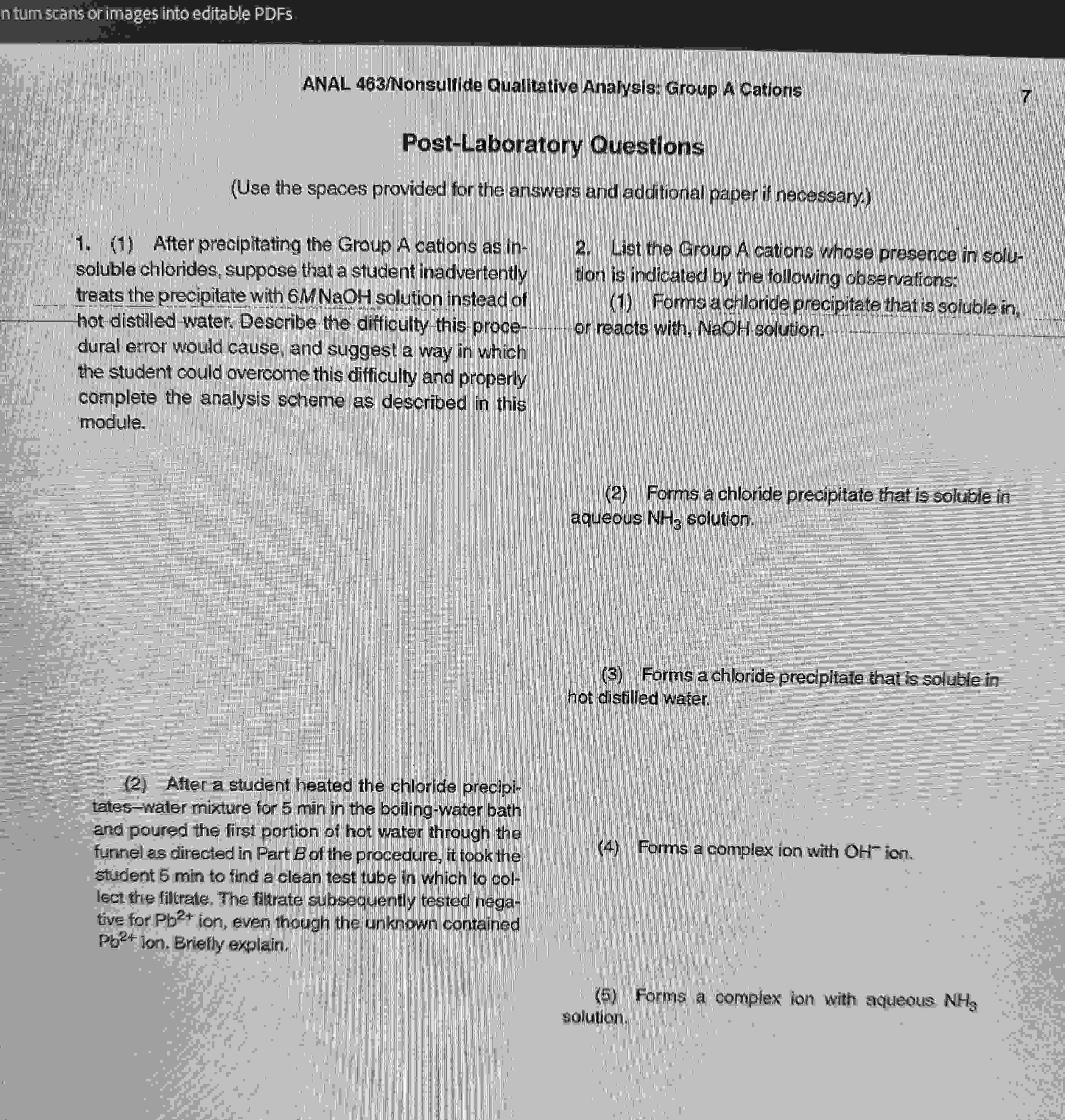 Solved Post-Laboratory Questions(Use the spaces provided for | Chegg.com
