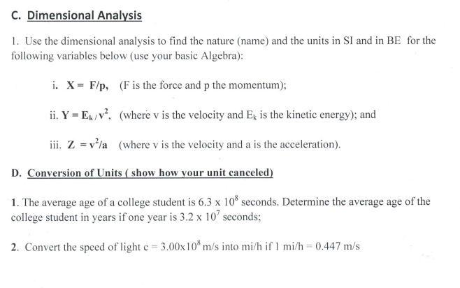 Solved C. Dimensional Analysis 1. Use the dimensional | Chegg.com