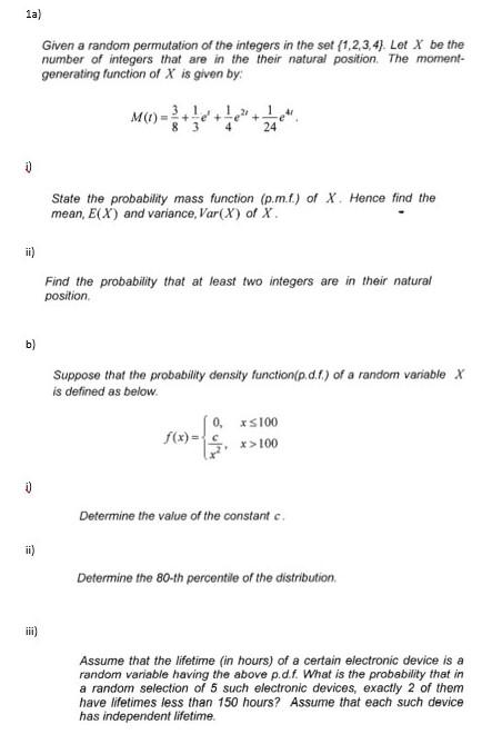 Solved 1a) Given a random permutation of the integers in the | Chegg.com