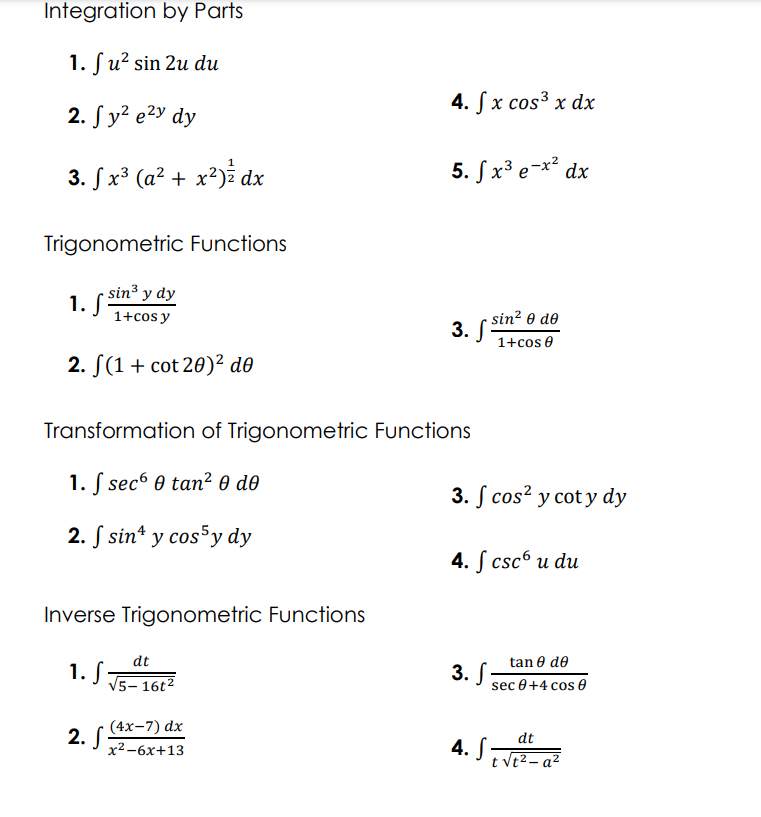 Solved Integration by Parts 1. S uż sin 2u du 4. S x cos3 x | Chegg.com