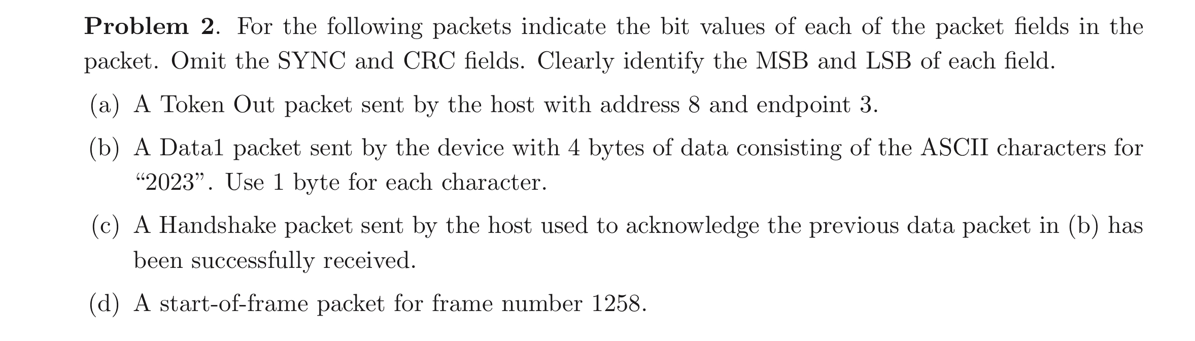 Solved Problem 2. For the following packets indicate the bit | Chegg.com