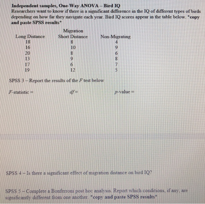 Solved Independent samples, One-Way ANOVA- Bird IQ | Chegg.com