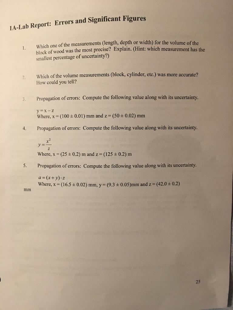 Solved 1A-Lab Report: Errors and Significant Figures 1. | Chegg.com