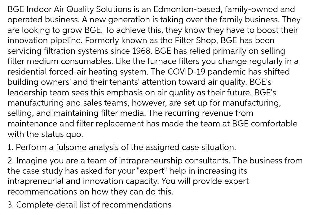 Solved BGE Indoor Air Quality Solutions is an | Chegg.com