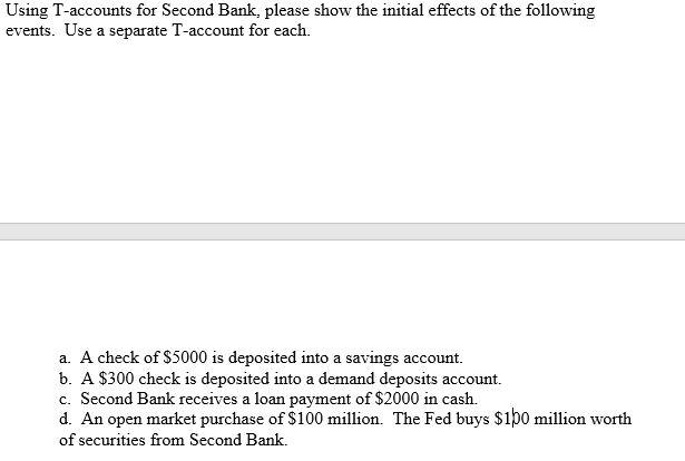 Solved Using T-accounts for Second Bank, please show the | Chegg.com