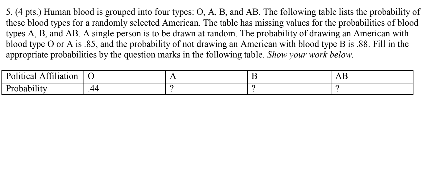 Solved 5. (4 pts.) Human blood is grouped into four types: | Chegg.com