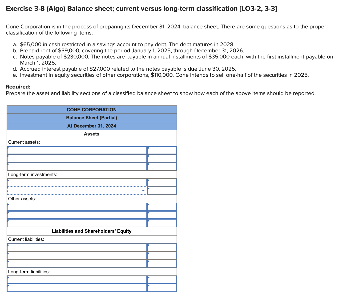 Solved Exercise 3-8 (Algo) Balance sheet; current versus | Chegg.com