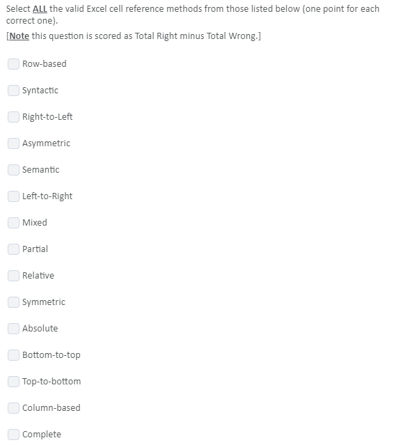 Solved Select ALL the valid Excel cell reference methods | Chegg.com