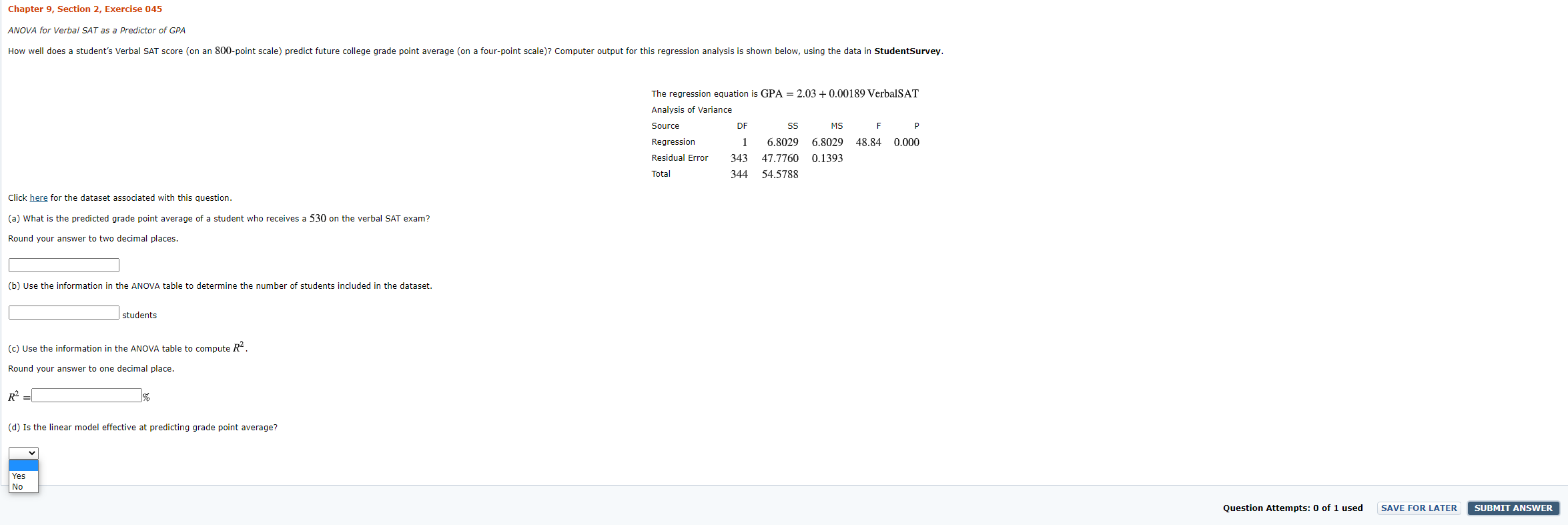 Solved Chapter 9, Section 2, Exercise 045 ANOVA for Verbal | Chegg.com